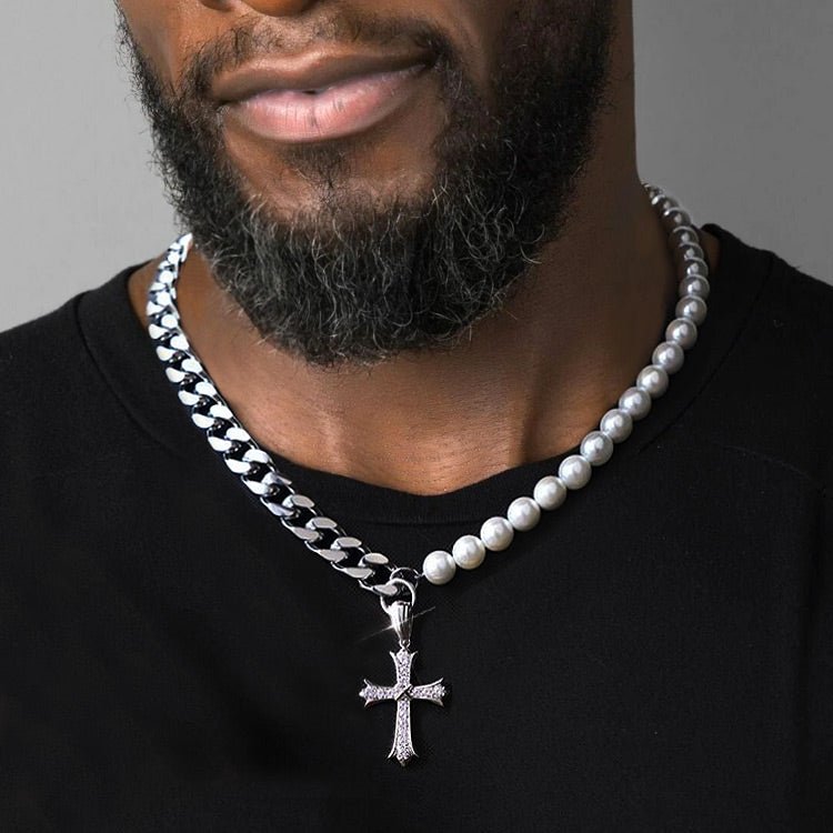 Cuban Link Pearl Necklace w/ Cross | White Gold – Markus Dayan